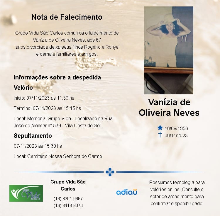 Grupo Vida comunica o falecimento de Vanízia de Oliveira Neves - São ...